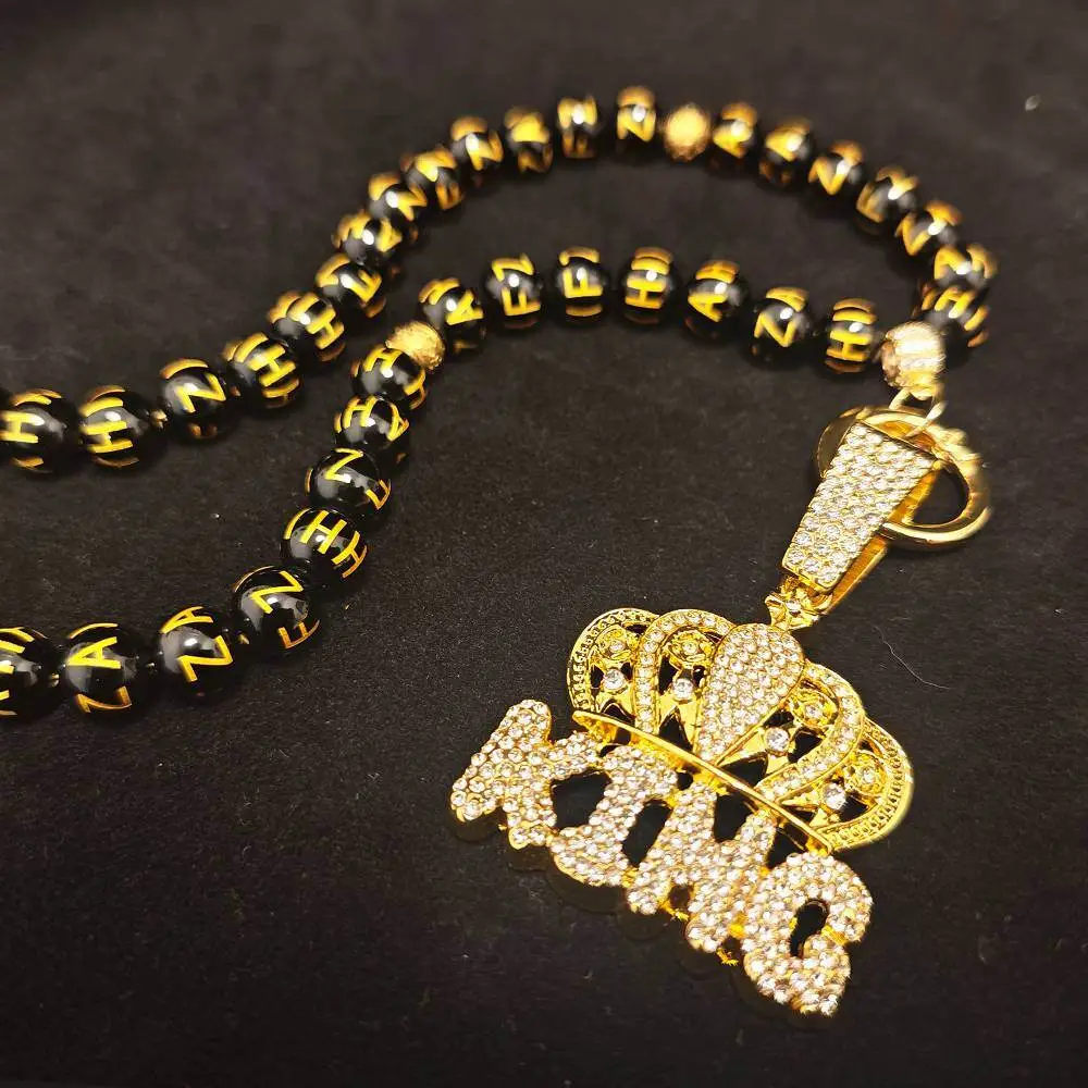 Streetwear King Crown Gold Name Necklace - Hifzah | Name Bead Jewelry