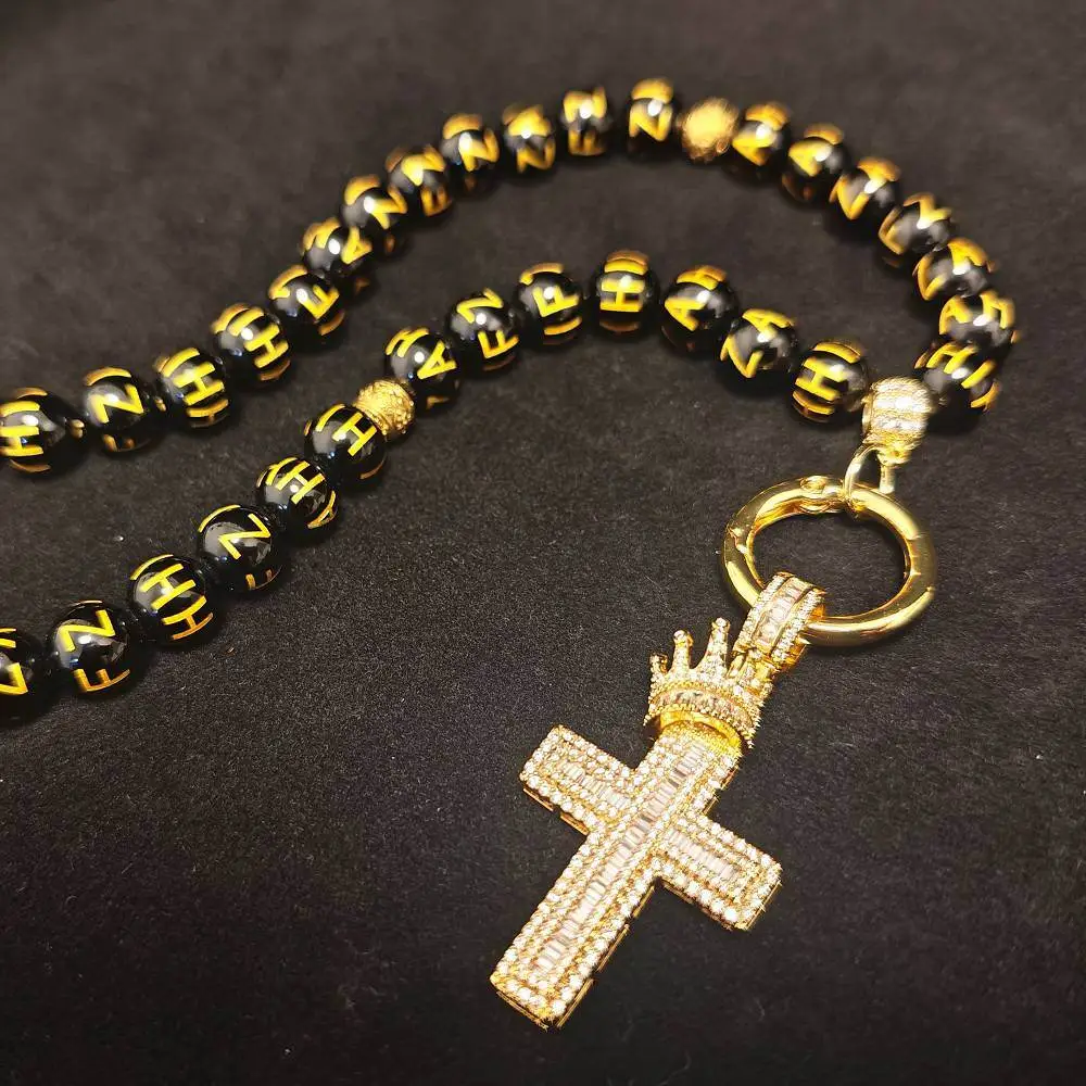 Gold Crown Cross Pendant Bespoke Name Bead Necklace - Hifzah | Name ...